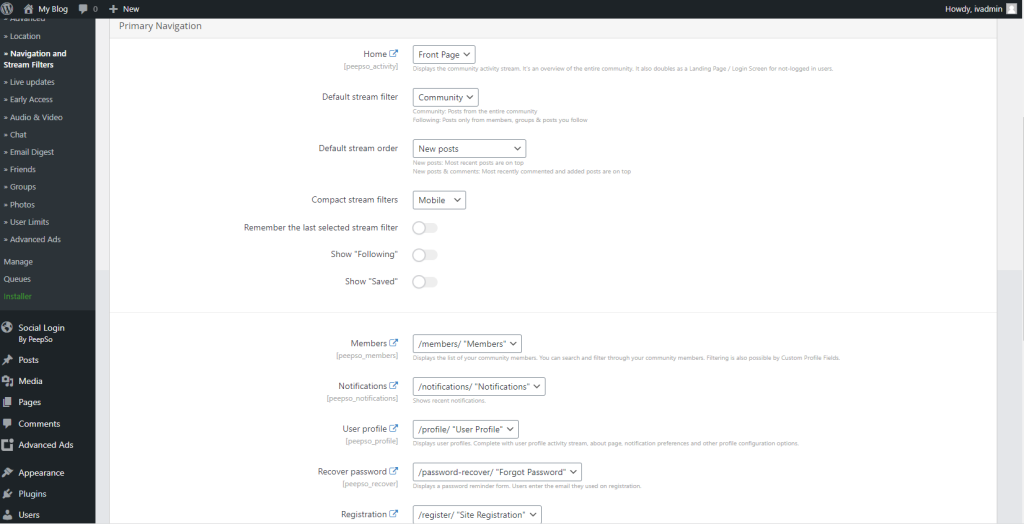 Navigation, Pages and Shortcodes | PeepSo