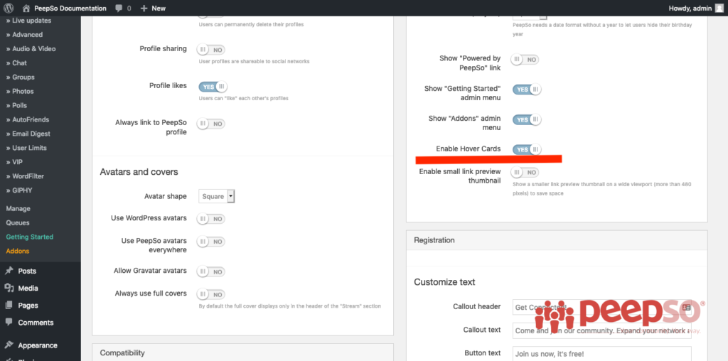 Hover Cards Settings | PeepSo