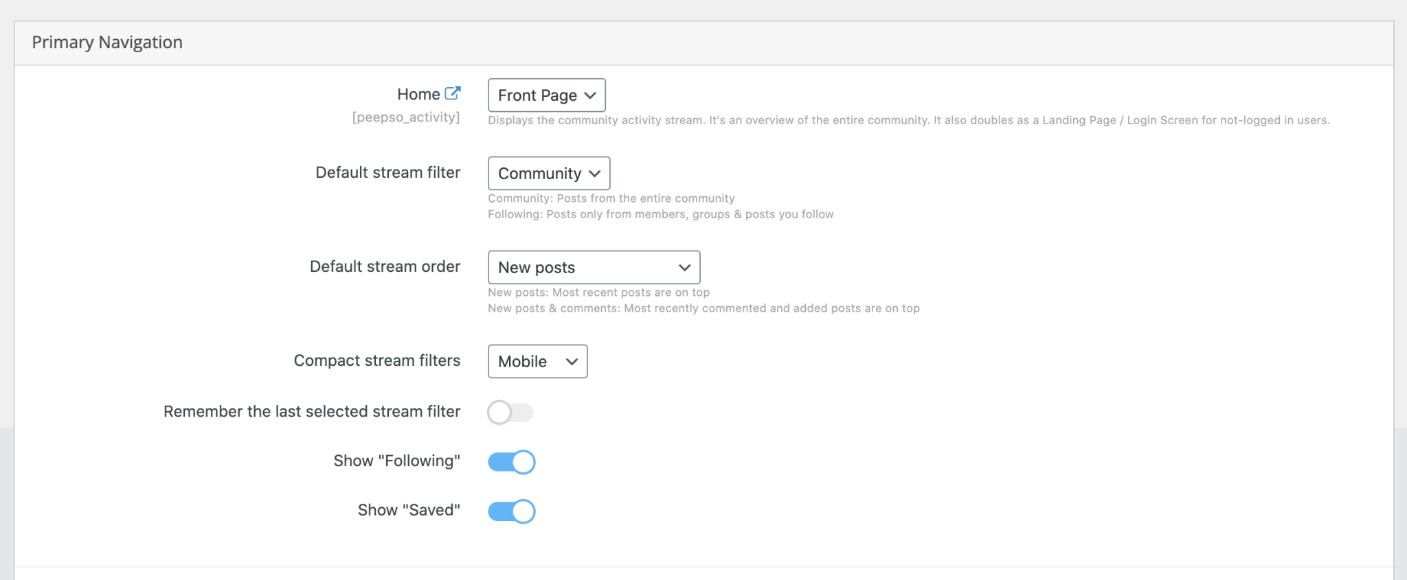 Navigation, Pages and Shortcodes | PeepSo