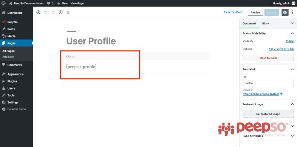 Navigation, Pages and Shortcodes | PeepSo