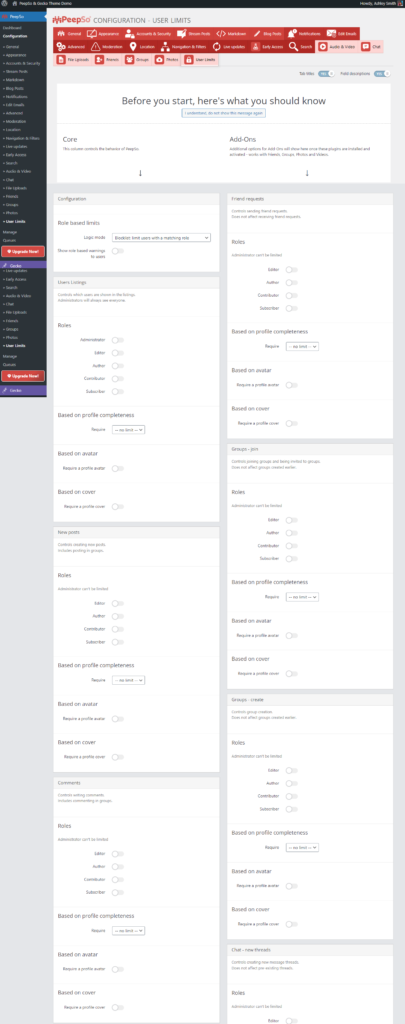 User Limits Configuration | PeepSo