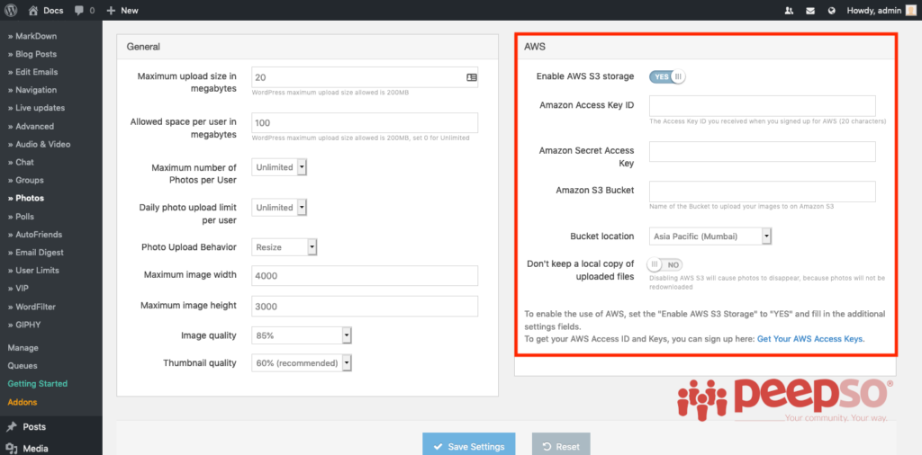 Setup AWS S3 Storage | PeepSo