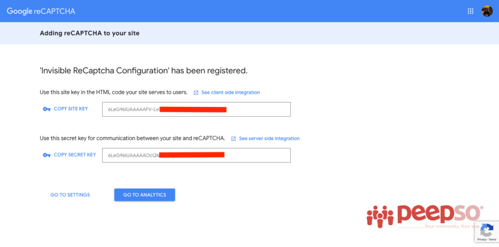 Configuring Google Invisible Captcha | PeepSo