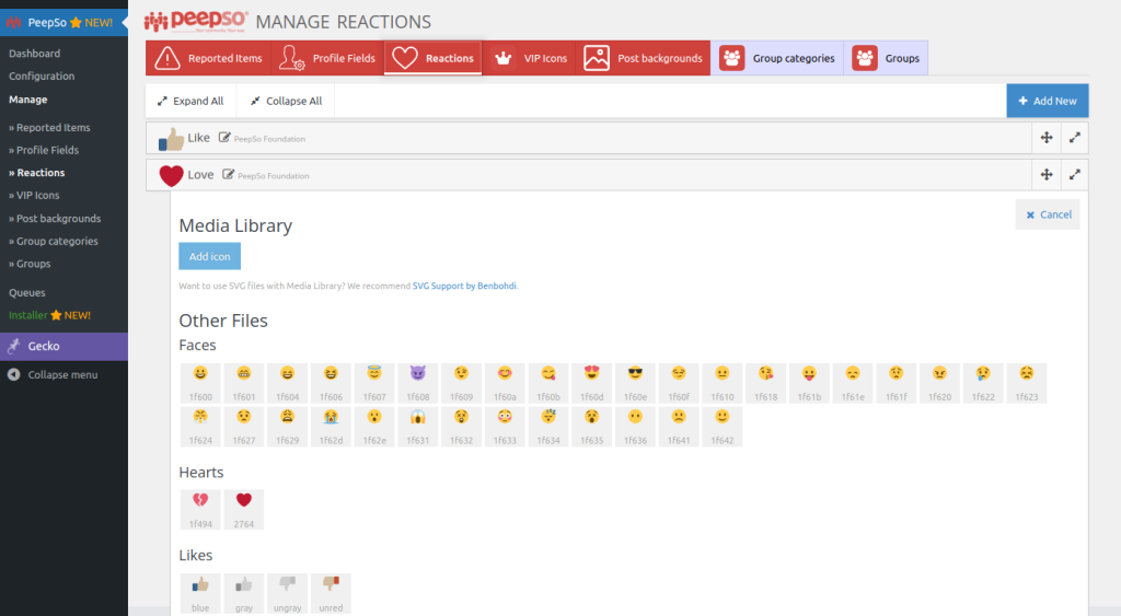 Reactions Configuration | PeepSo