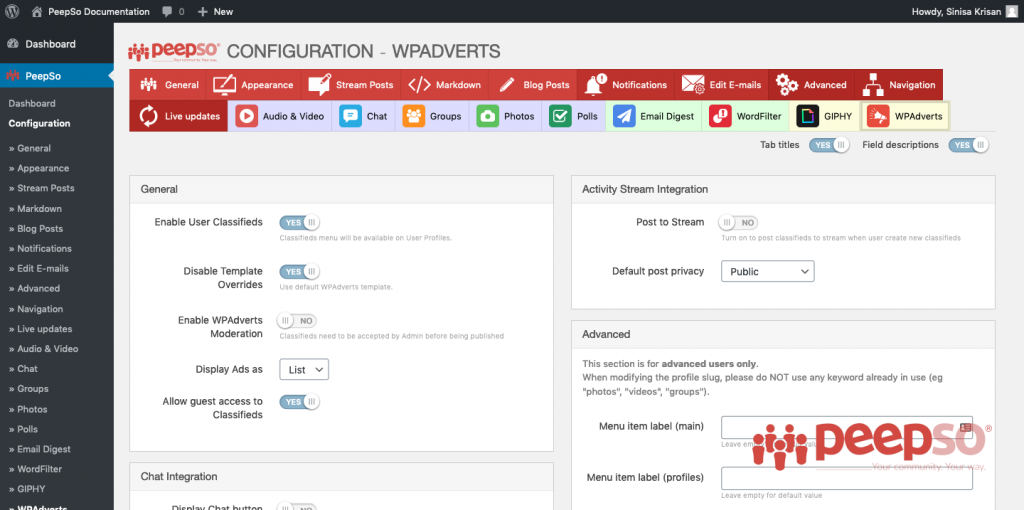 WPAdverts Backend Configuration | PeepSo