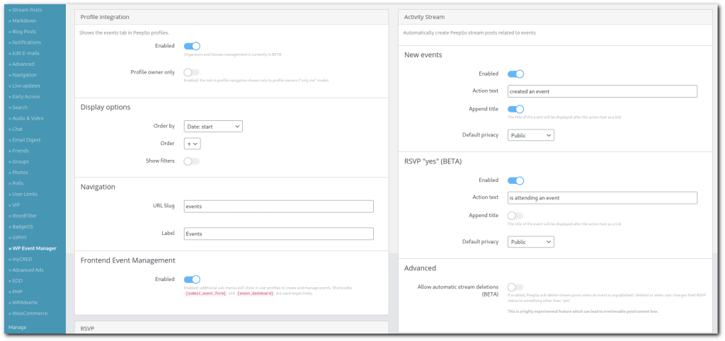 WP Event Manager Backend Configuration | PeepSo