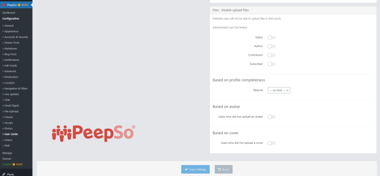 File Uploads in User Limits Configuration | PeepSo