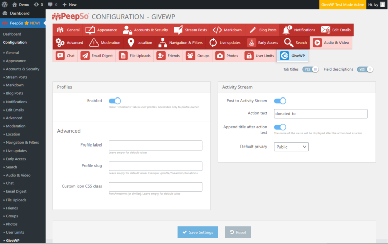 GiveWP Backend Configuration | PeepSo