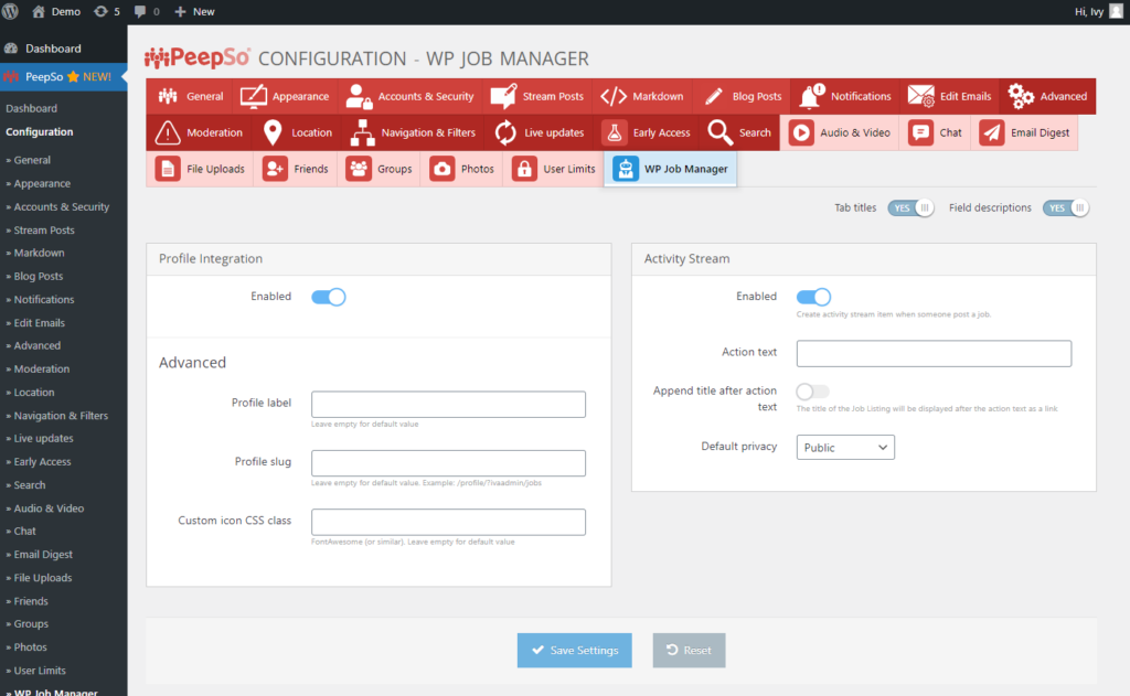 WP Job Manager Backend Configuration | PeepSo