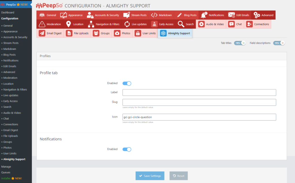 Configuring Almighty Support Integration | PeepSo