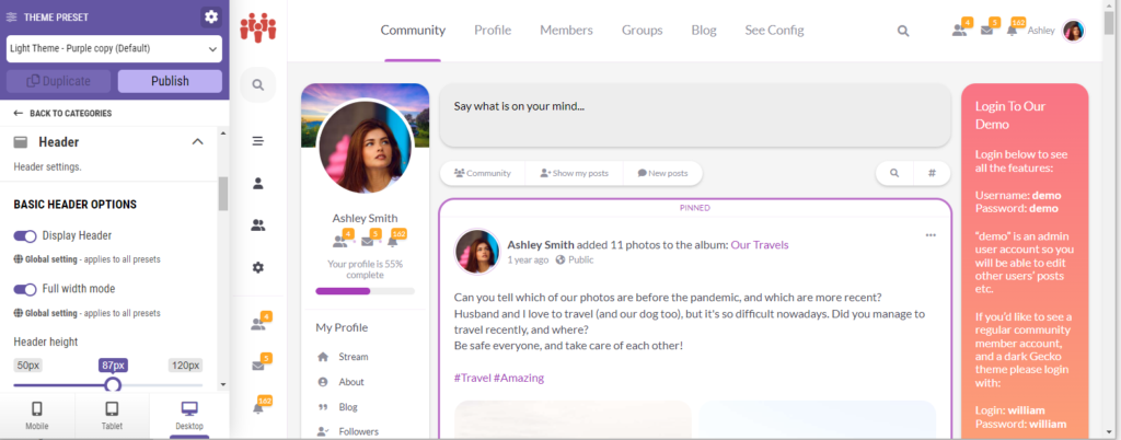 Header options | PeepSo