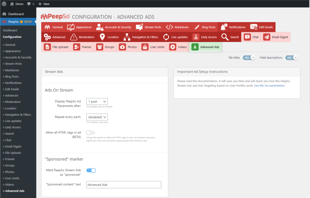 Advanced Ads Backend Configuration | PeepSo